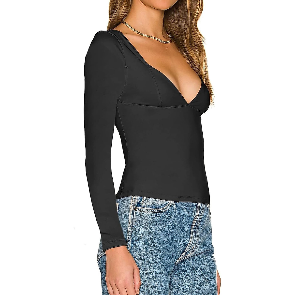 ABYOVRT Women Low Cut Tops Backless Deep V Neck Long Sleeve Crop Tops Sexy Y2k Shirt Going Out Club Wear (C-Black,S)