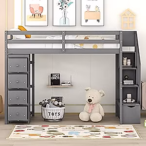 SOFTSEA Twin Loft Bed with Staricase and 4 Storage Drawers Solid Wood Loft Bed with Shelves