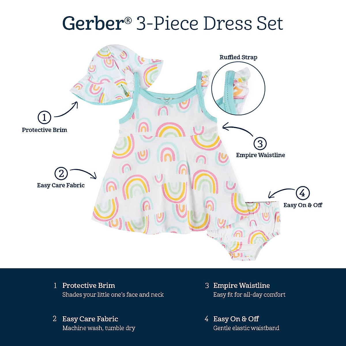 Gerber Baby Girls' 3-Piece Sundress, Diaper Cover and Hat Set, Rainbow Print, 6-9 Months