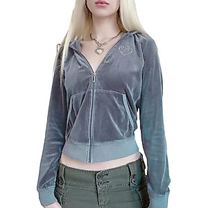 ZZEVOLSS Women's Vintage Star Print Zip Up Hoodies Y2K Graphic Aesthetic Hooded Sweatshirt Fairycore 90S Teen Girl Fall Jacket (cute velvet rhinestone heart grey,Small)