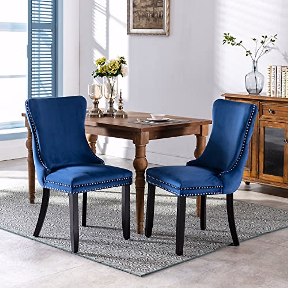 HomSof Upholstered Wing-Back Dining Chair with Backstitching Nailhead Trim and Solid Wood Legs, Set of 2, one Size, Blue