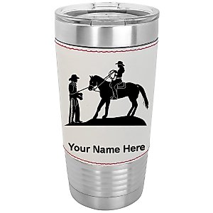 LaserGram 20oz Vacuum Insulated Tumbler Mug, Cowgirl Roping a Man, Personalized Engraving Included (Faux Leather, Baseball Style)
