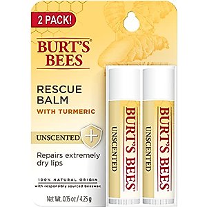 Burt's Bees 100% Natural Origin Rescue Lip Balm With Beeswax and Antioxidant-Rich Turmeric Promotes Healing Of Extremely Dry Lips, Unscented, 2 Tubes in Blister Box