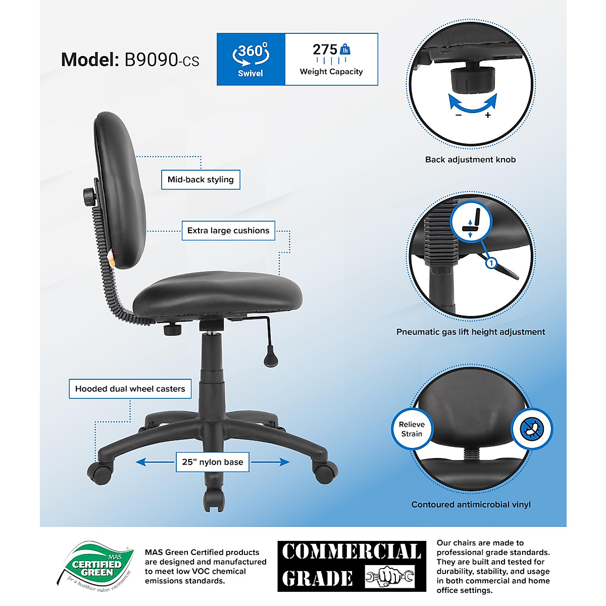 Boss Office Products Dimond Task Chair without Arms in Black