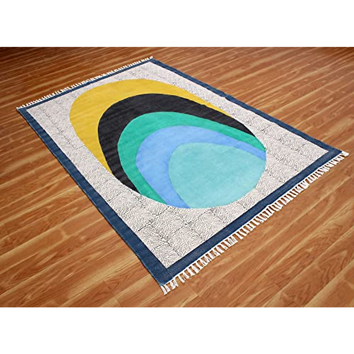Casavani Indian Handmade Cotton Dhurrie Bordered Blue & Yellow Area Rug Boho Kilim Flat Weave Rug Indoor Hall Room Decor Carpet Throw Rugs for Bedroom Living Room Bathroom Balcony 6x12 Feet Runner