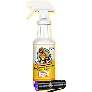 FurryFreshness Extra Strength Cat or Dog Pee Stain & Permanent Odor Remover + Smell Eliminator -Removes Stains From Pets & Kids Including Urine, Blood or Feces- Lift Carpet Stains- (32oz & UV Spotter)