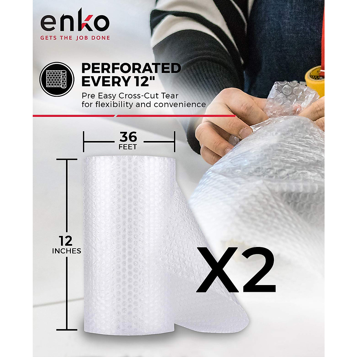 enKo (2 Pack) 12 inch x 72 feet Bubble Cushioning Wrap Roll Perforated 20 Fragile Sticker Labels for Moving Shipping Packing Boxes Supplies