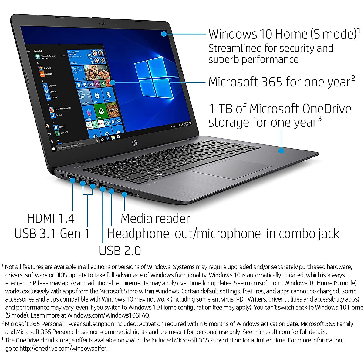 HP Stream 14" HD Display, Intel Celeron N4000 Dual-Core, 4GB DDR4 Memory, 192GB Storage (64GB eMMC+128GB TGC SD Card), HDMI, WiFi,Webcam, Bluetooth, 1-Year Microsoft 365, Win10 S, Brilliant Black