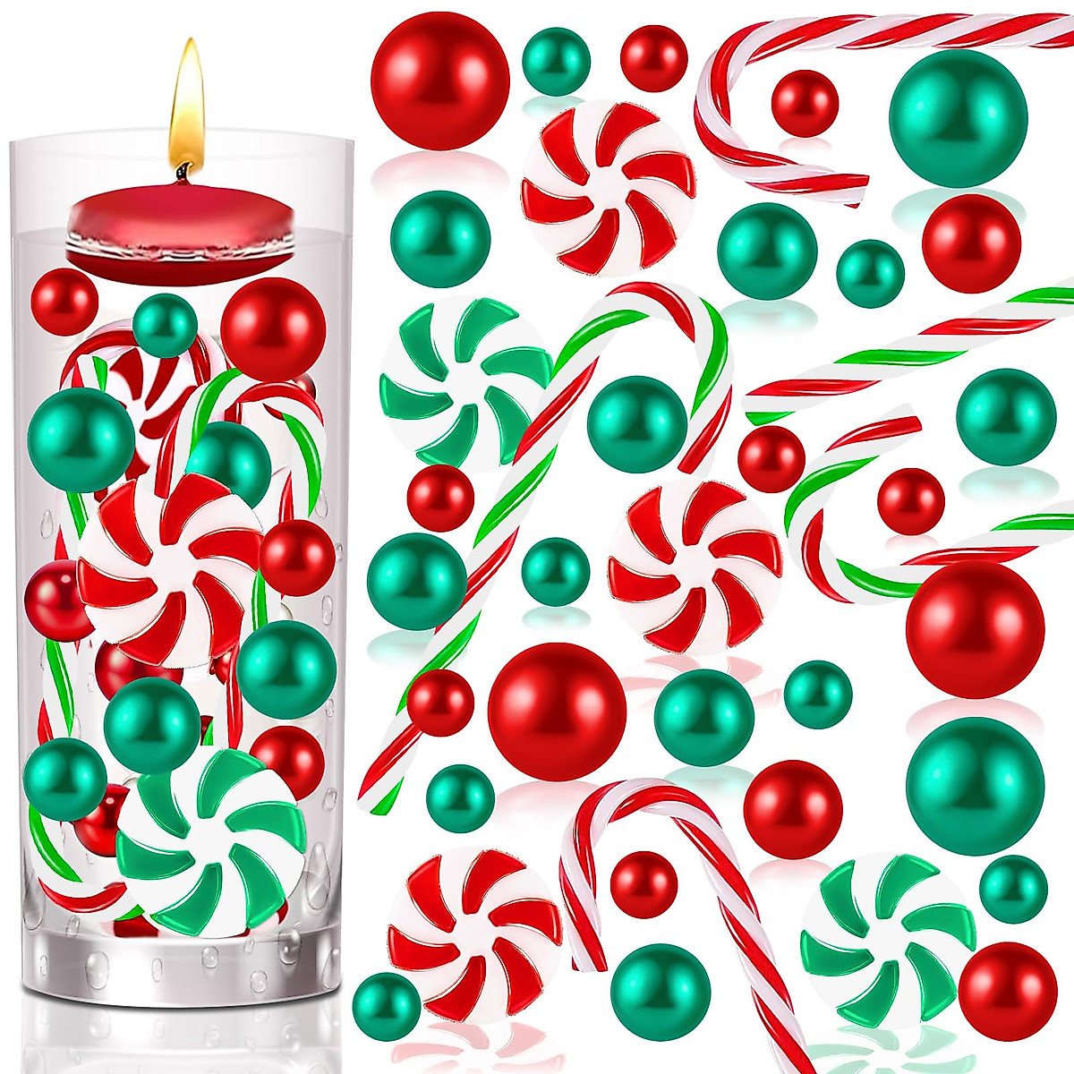 HTZNHXT 120 Pcs Christmas Vase Filler, Green Red Candy Cane Pearl Beads, Faux Pearls for Vase Home Table Party Decor