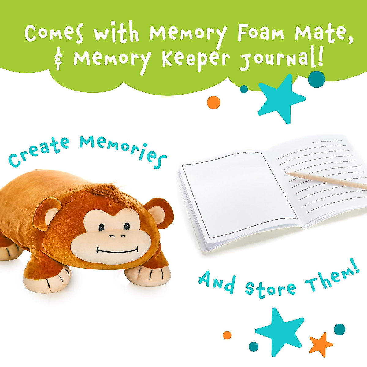MEMORY MATES Cuddly Memory Foam Pillow Plush with Belly Pocket, Kids Pillow for Hugging Sleeping & Storing Diary, 15” Stuffed Animal & Journal Set - Jesi The Monkey