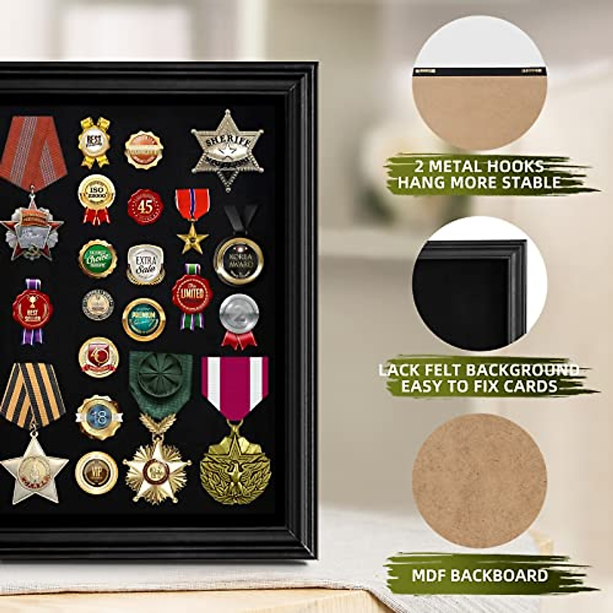 ARRAWIS Pin Display Case 11"x15" Solid Wood Pin Collection Display Shadow Box with UV Protection Acrylic Glass Door for Military Badges, Medals, Pin Enthusiast Collectibles (Black)