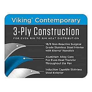 Viking Culinary Contemporary 3-Ply Stainless Steel Dutch Oven, 5.2 Quart, Includes Glass Lid, Dishwasher, Oven Safe, Works on All Cooktops including Induction