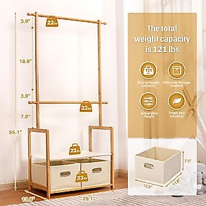 Vilaxing Kids Clothing Rack Bamboo with 2 Storage Baskets and 2 Adjustable Hanging Rods,Child Garment Rack,Dress up Rack for Playroom,Toddlers Bedroom (Natural)