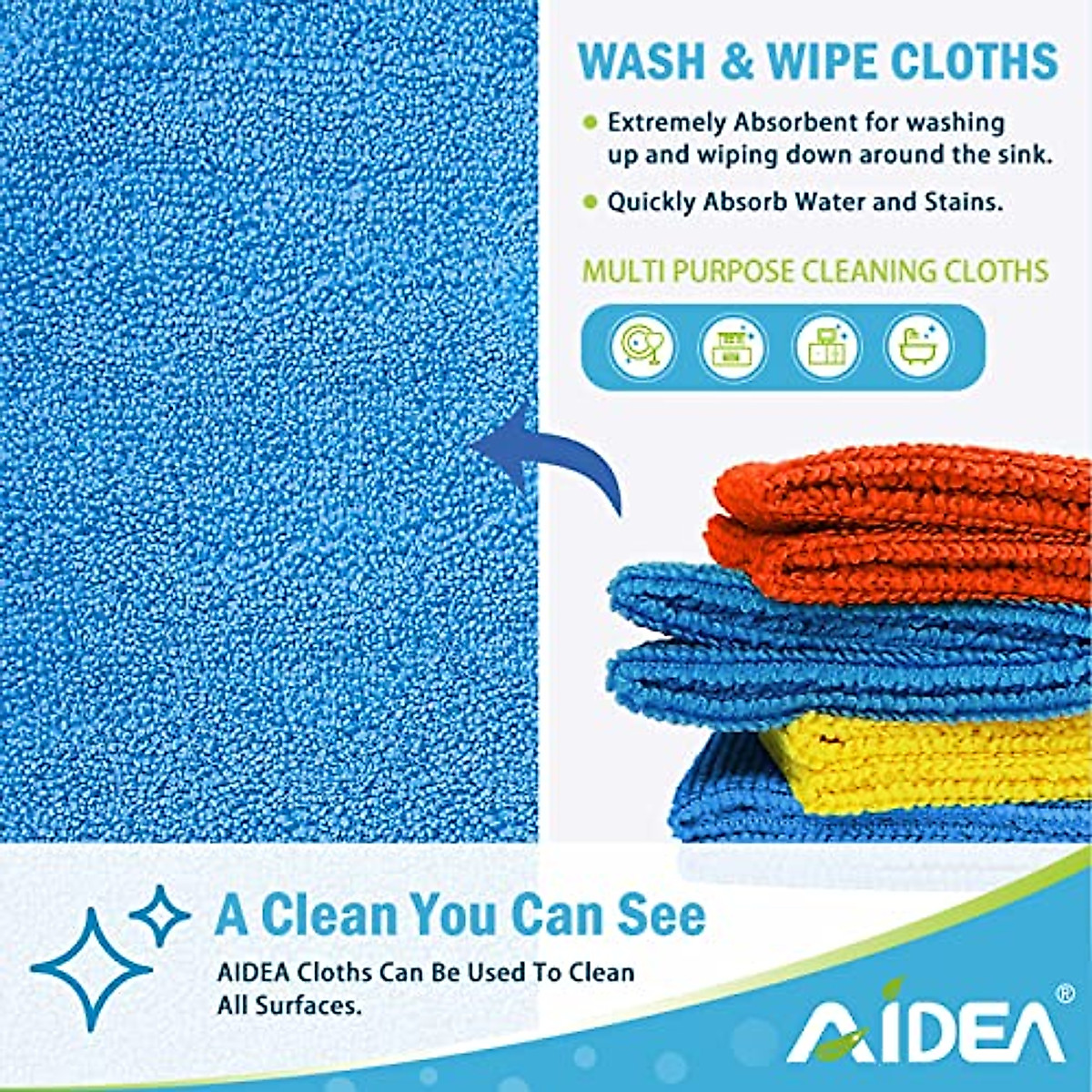 AIDEA Microfiber Cleaning Cloths-8PK, Cleaning Cloth Drying Towel, All-Purpose Softer Highly Absorbent, Lint Free, Streak Free Wash Cloth for House, Kitchen, Car, Window, Gifts-(12in.x 12in.)