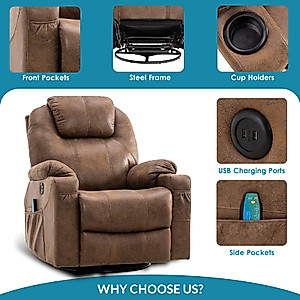 OUINCH Manual 360 Degree Swivel Glider Rocker Recliner Chair with Massage and Heat, 2 USB Ports, 2 Front Pockets, 2 Side Pockets and 2 Cup Holders, Bronze Suede Fabric (Brown)