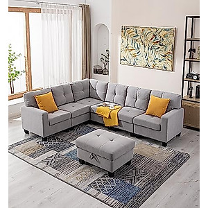 Aeffze Modular Sectional Sofa with Storage Ottoman L-Shaped 6 Seater Velvet Fabric Couch Contemporary Modern Corner Sofa Convertible Reversible Upholstered Couch for Living Room (Light Grey)
