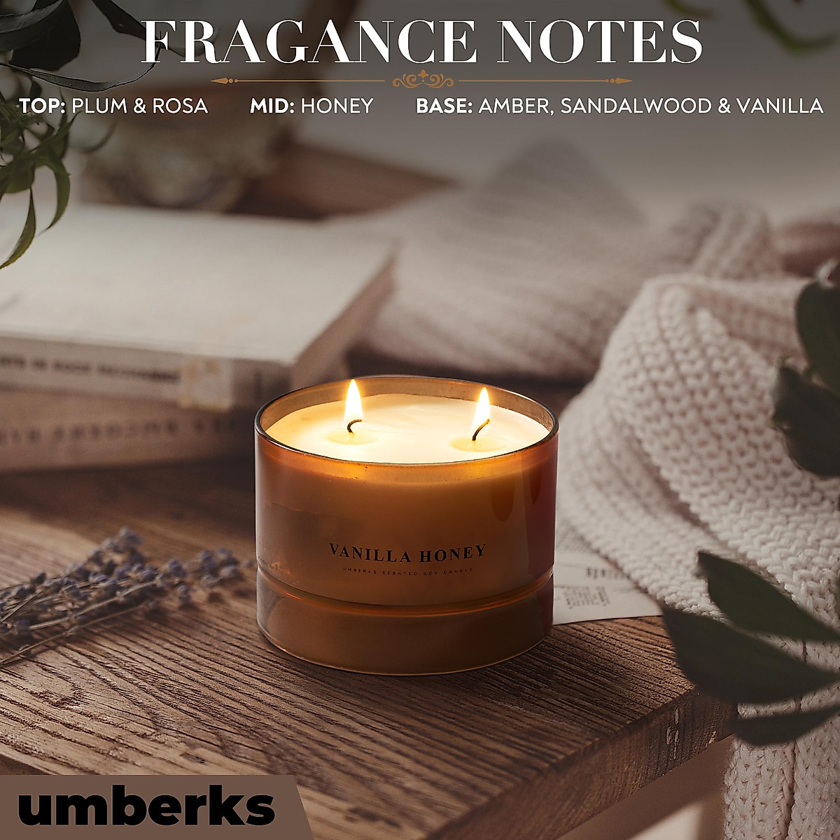 UMBERKS Luxury Vanilla Honey Candles | Large 2 Wick Jar Candle | Up to 50 Hours Burning Time | 100% Natural Soy Wax | Relaxing Aromatherapy Aesthetic Candle | Housewarming Gift for Men and Women