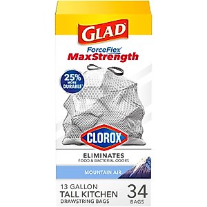 Glad ForceFlex MaxStrength with Clorox Tall Kitchen Trash Bags, 13 Gal, 34 Ct (Package May Vary)