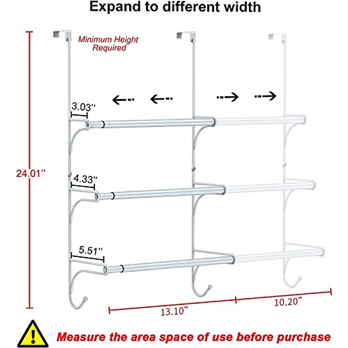 Auledio Adjustable Over The Door Triple Towel Rack with Hooks,Silver