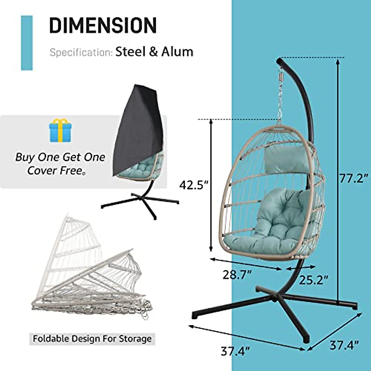 Patiorama Indoor Outdoor Egg Swing Chair with Stand, Patio Beige Wicker Rattan Hanging Chair with Rope Back, Cushion,Cover,All Weather Foldable Hammock Chair for Bedroom, Garden (Tiffany Blue)