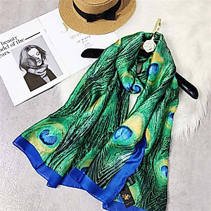 Women Silk Scarf Long Large Peacock Feather Print Wrap Shawl Scarves Headscarf