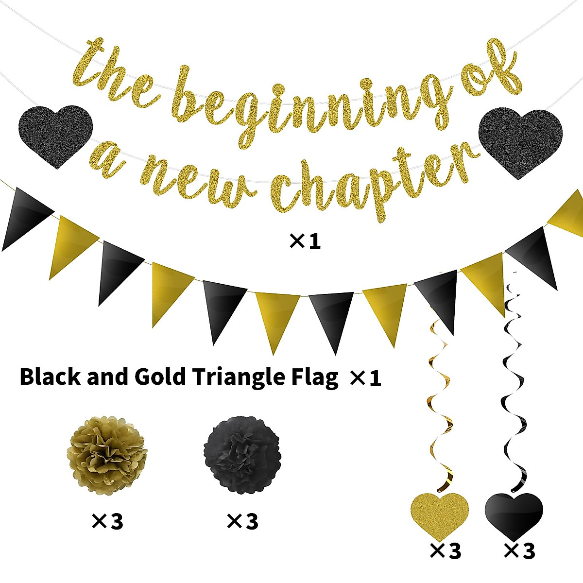 The Beginning of a New Chapter Banner Funny Going Away Party Graduation Happy Retirement Party Decorations Supplies Glitter Black Gold Goodbye Farewell Party Decoration for Coworker Friends Graduates