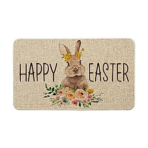 Artoid Mode Cute Rabbit Flowers Happy Easter Welcome Decorative Doormat, Seasonal Spring Low-Profile Rug Switch Mat for Indoor Outdoor 17x29 Inch