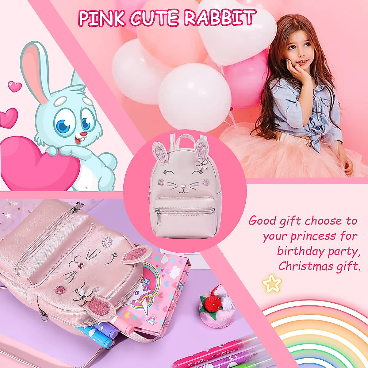 PinkSheep Toddler Backpack Toddler Bag Cute Pink Rabbit Bag for 3-13 Years Little Grils Kids