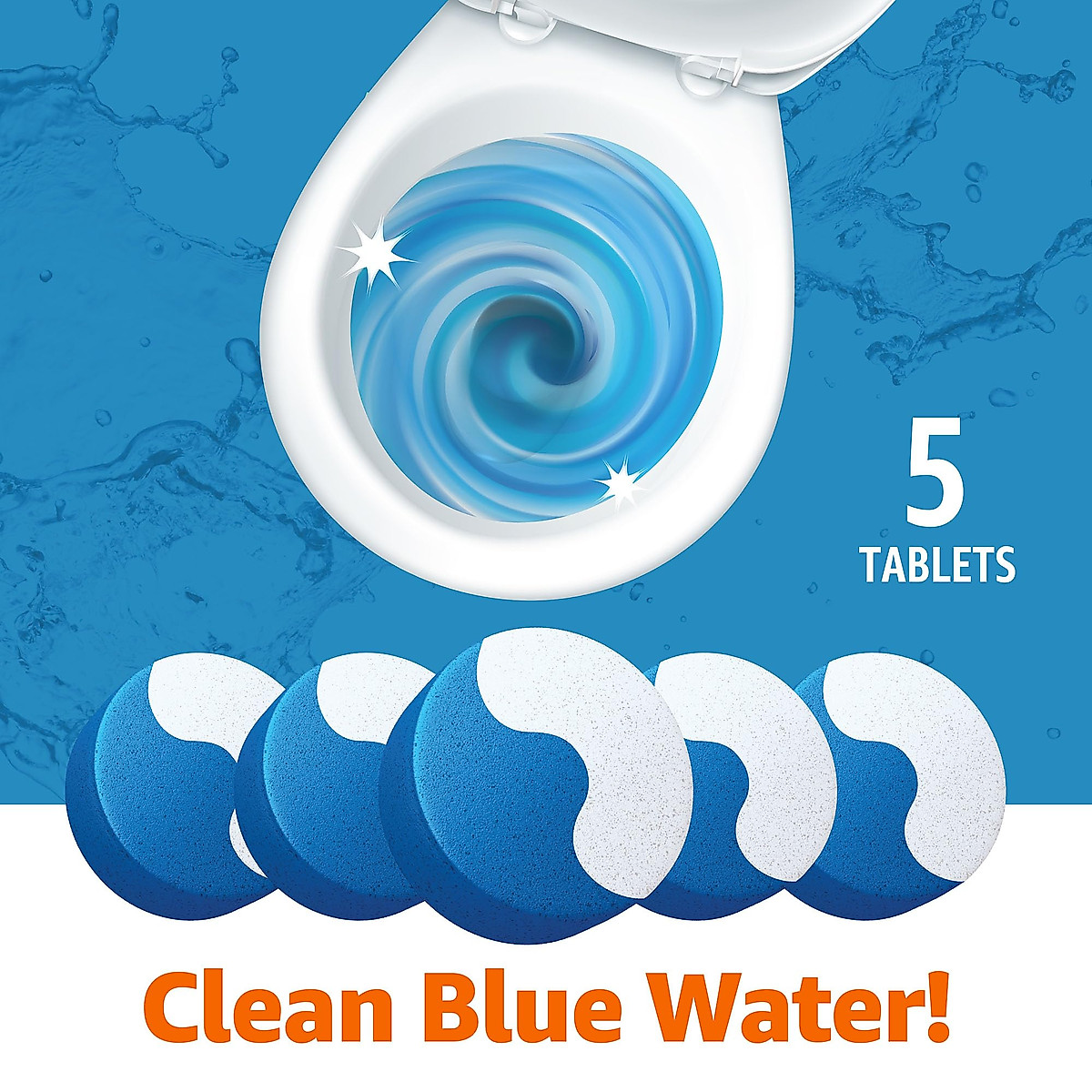 Amazon Basics Toilet Bowl Cleaners Tablets with Oxygen Bleach, Unscented, Blue, 5 Count, Pack of 1