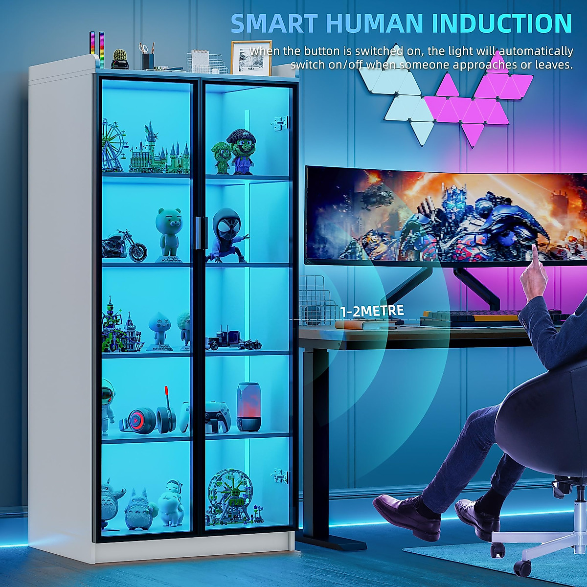 Lvifur Tall Storage Cabinet up to 70", LED Kitchen Pantry Cabinet with Human Body Induction, 5 Tier Bookcase Display Cabinet with Adjustable Shelves for Living Room Office (White)