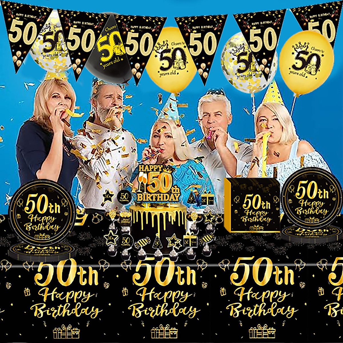 Augweyang 50th Birthday Party Decorations Supplies Tableware Set for Men Women Including 16 Plates 20 Napkins 1 Tablecloth 1 Banner 16 Forks 15 Balloons 16 Cupcake Toppers Serve 16