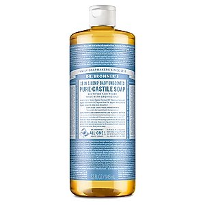 Dr. Bronner's - Pure-Castile Liquid Soap (Baby Unscented, 32 ounce) - Made with Organic Oils, 18-in-1 Uses: Face, Hair, Laundry and Dishes, For Sensitive Skin and Babies, No Added Fragrance, Vegan