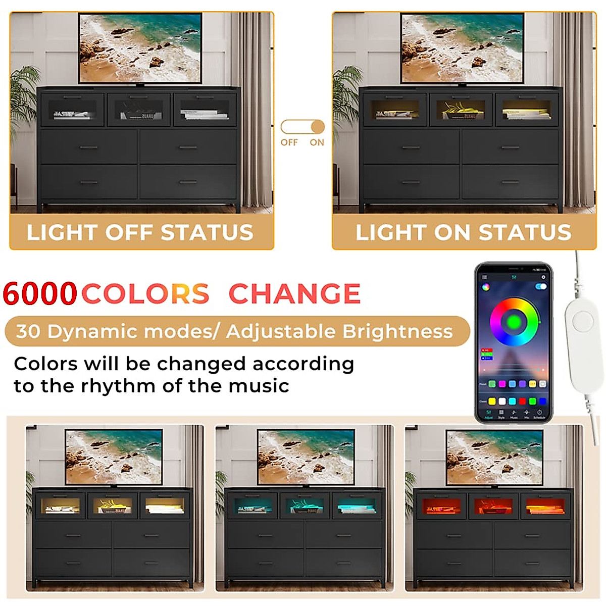 AOGLLATI Dresser for Bedroom, Chest of Drawers with LED Lights, 7 Dresser, Wide Storage Organizer Unit Wood Frame and Wooden Drawers, Entryway, Closet 7 Drawer-Black