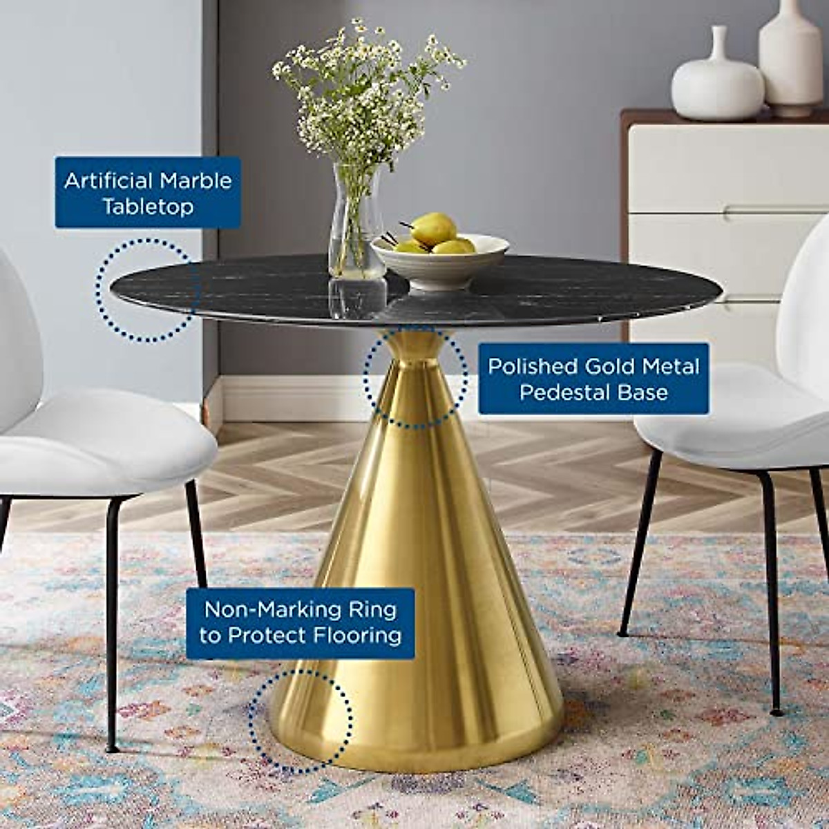 Modway Tupelo Oval Artificial Marble 42" Dining Table, 42 Inch, Gold Black
