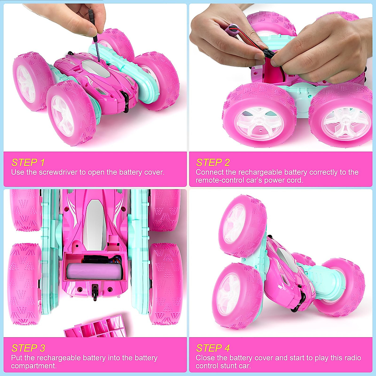 28℃ Remote Control Car for Boys, Drift High Speed RC Cars, 4WD 2.4Ghz Rechargeable RC Truck with Double Sided 360 Flips and Headlights Wheel Lights, Off-Road Stunt Toy Car for Kids Boy Girls Pink