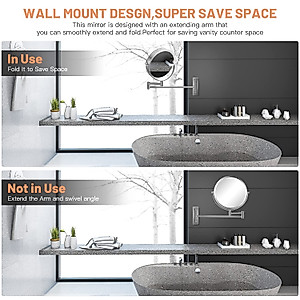 MIRRORMORE 8” Large Wall Mounted Makeup Mirror, Two-Sided 1X/10X Magnifying Mirror Extendable Long Arm, 360°Swivel Flexible HD Shower Mirror Fogless for Shaving, Fully Senior Nickel Bathroom Mirror