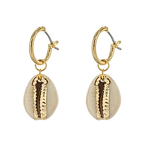 Columbus 14K Gold Plated Cowrie Charm Huggie Hoop Earrings - Cowry Drop Dangle Hoops - Huggies for Women (Gold Cowry Shell)