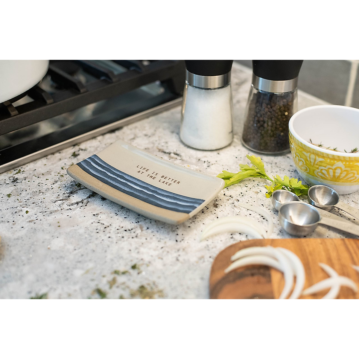 Demdaco Life is Better at the Lake Blue 6 x 3.5 Stoneware Everyday Kitchen Rectangle Spoon Rest