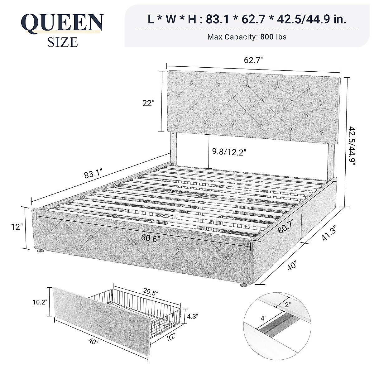 Allewie Upholstered Queen Size Platform Bed Frame with 4 Storage Drawers and Headboard, Diamond Stitched Button Tufted Mattress Foundation with Wooden Slats Support, Light Grey