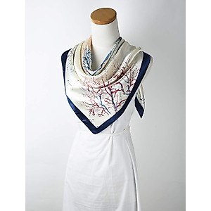 corciova 35 x 35 Large Bandana Women Satin Tie Square Headband Silk Like Hair Scarf Wrap Headscarf Prussian Blue Beige Trees