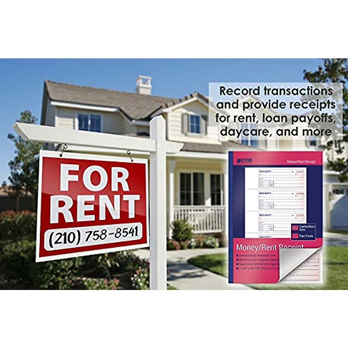 Cash Money and Rent Receipt Books, 4 Pack, Large Size, 2-Part Carbonless (White/Canary Yellow), 7-5/8 x 10-7/8 inches, by Better Office Products, 4 Sets per Page, 200 Sets per Book (800 Total Sets)