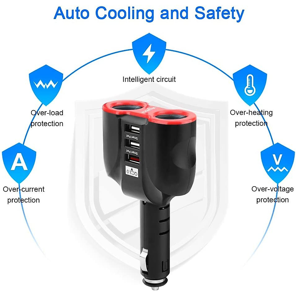 Cigarette Lighter Splitter Car Charger, 120W 2-Socket Cigarette Lighter Splitter + 1 QC3.0 USB Ports + 2 Smart USB Ports for Smart Phones, Tablets, GPS, MP3 Players