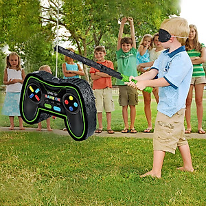 Video Game Controller Pinata Bundle Fiesta Gaming Controller Pinata Set with Blindfold and Bat Kids Birthday Gamer Party Supplies Game Toy for Kids Gaming Theme Party Carnival Events Decor (Green)