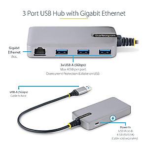 StarTech.com 3-Port USB Hub with Ethernet - 3X USB-A Ports - Gigabit Ethernet (RJ-45) - USB 3.0 5Gbps - Bus-Powered - 1ft/30cm Long Cable - Portable Laptop USB Hub Adapter w/GbE (5G3AGBB-USB-A-HUB)