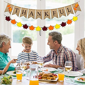 Thankful Burlap Banner, Happy Fall Banner Autumn Maple Leaves Thanksgiving Banner for Mantle Fireplace Rustic Bunting Harvest Garland for Thanksgiving Party Supplies Home Decoration (2 Pcs)