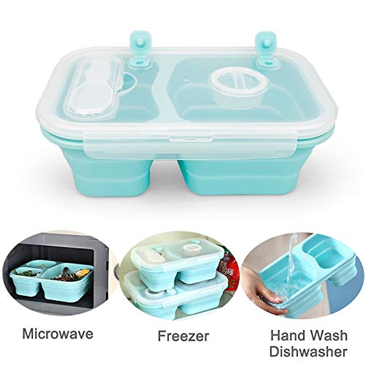 CARTINTS Collapsible Silicone Lunch Box Silicone Lunch Containers Collapsible Bowls with Lids for Camping, Microwave and Freezer Safe, with 2 Compartments