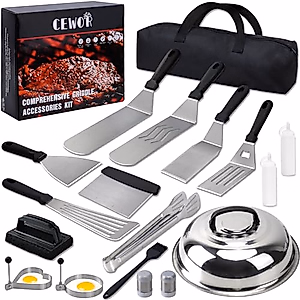 CEWOR 19pcs Flat Top Grill Accessories, Griddle Accessories Kit for Blackstone and Camp Chef, Professional Grilling Accessories, Grill Spatula Set with Enlarged Spatulas, Basting Cover for BBQ