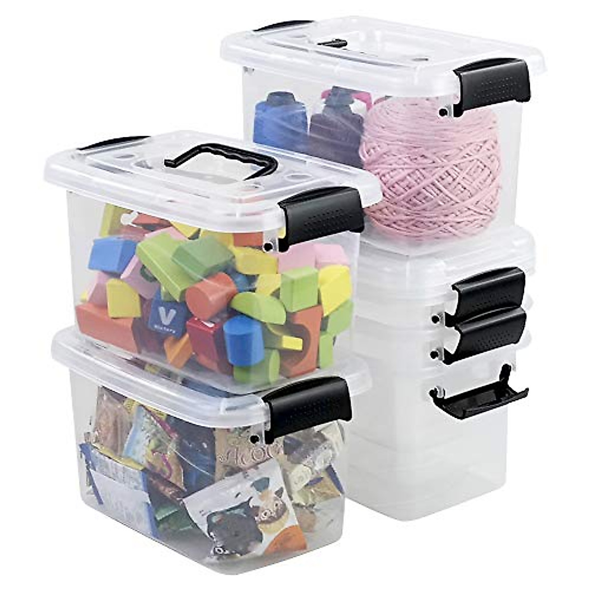 Utiao Clear Plastic Bin with Lid, 5.5 Quart Latching Box with Black Handle, 6 Packs