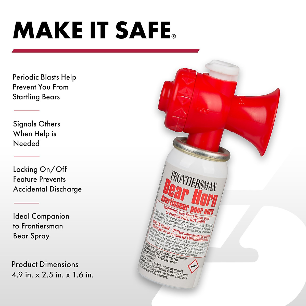 SABRE Frontiersman MAX 9.2 oz. Bear & Mountain Lion Attack Deterrent, Up to 40 ft Range, Contains 2% Major Capsaicinoids + Frontiersman Bear Horn (FBH-LT-AMZ) Kit, Glow-in-The-Dark Safety