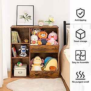HOOBRO Kids Bookshelf, Toy Storage Organizer, Multi-Bin Storage Cubby, 2 Adjustable Shelves, Bookcase Footboard, Suitable for Children's Room, Playroom, Hallway, Rustic Brown BF31CW01
